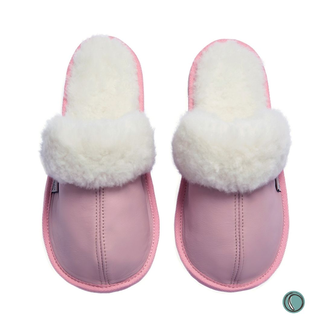 Rosy Pink Leather Mule Sheepskin Slippers – Sheepskin Slippers SA
