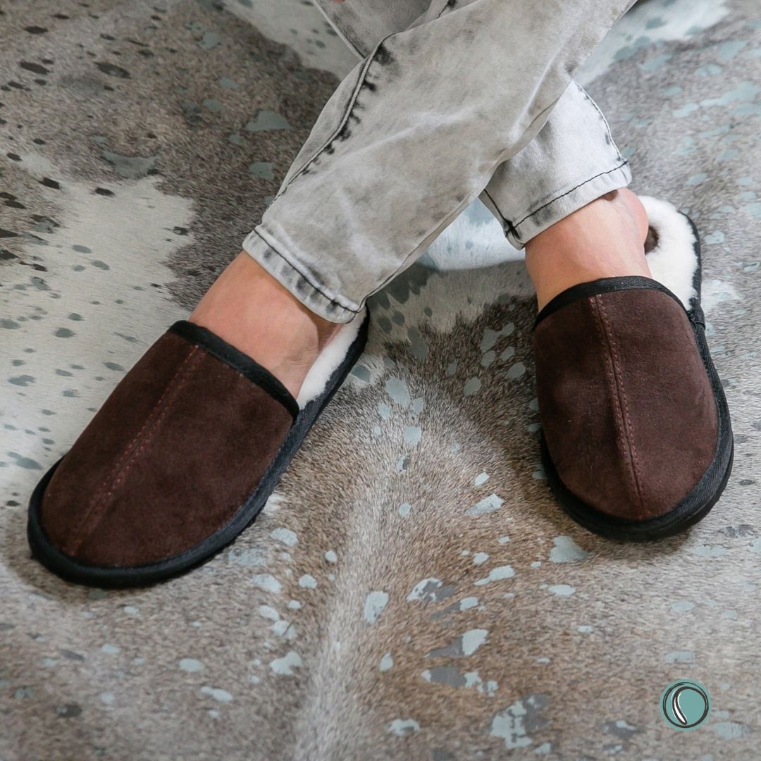 Chocolate Brown Suede Mule Sheepskin Slippers – Sheepskin Slippers SA