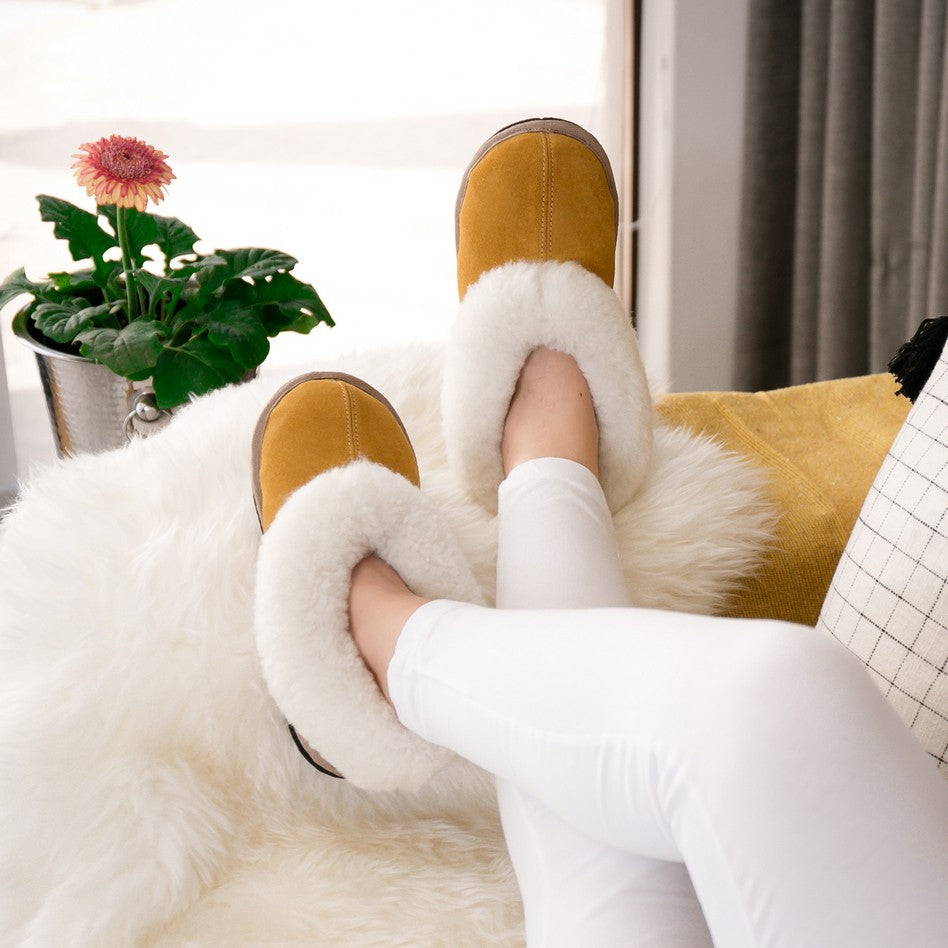 Mustard Suede Sheepskin Slippers – Sheepskin Slippers SA