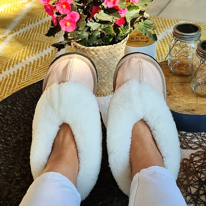 Ballet Pink Leather Sheepskin Slippers – Sheepskin Slippers SA
